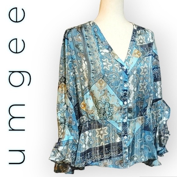 Umgee | Tops | Umgee Blue Teal And Gold Metallic Paisley Button Down ...